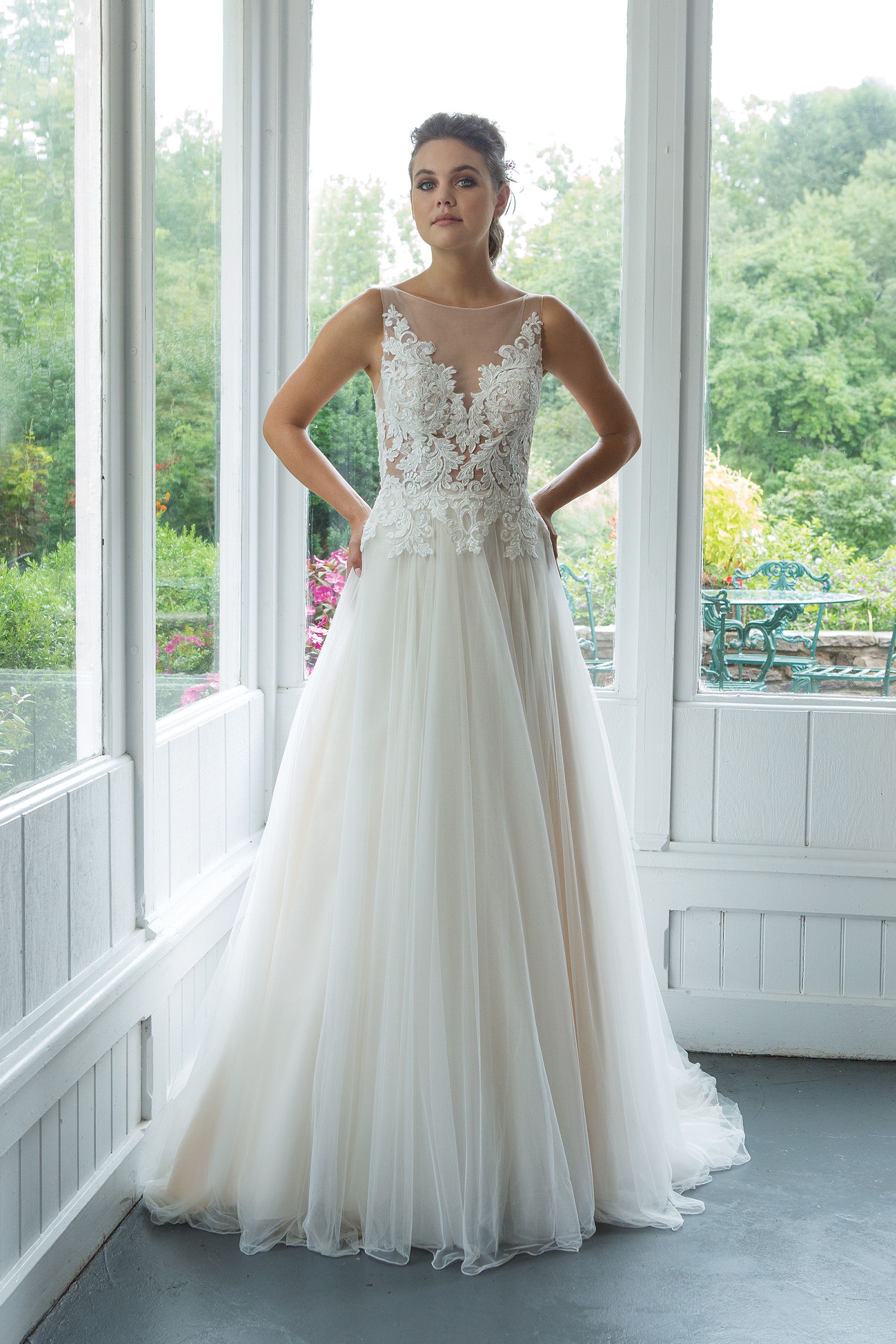 Style 11085: A-line English Net Gown with Illusion Sabrina Neckline ...